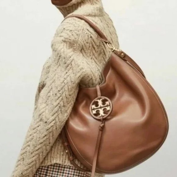 Tory Burch | Bags | Tory Burch Metal Miller Large Leather Slouchy Hobo Milk Chocolate Brown ...
